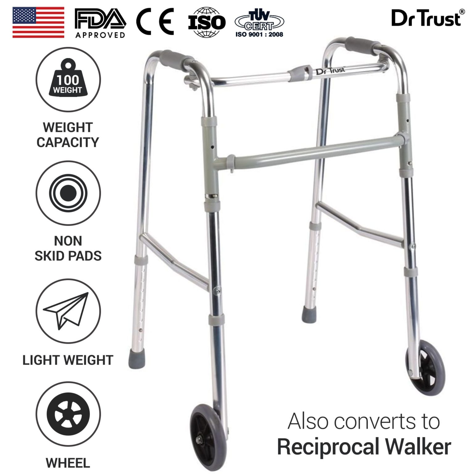 Dr Trust USA Premium Folding Walker with 5 Inches Wheels - DrTrust